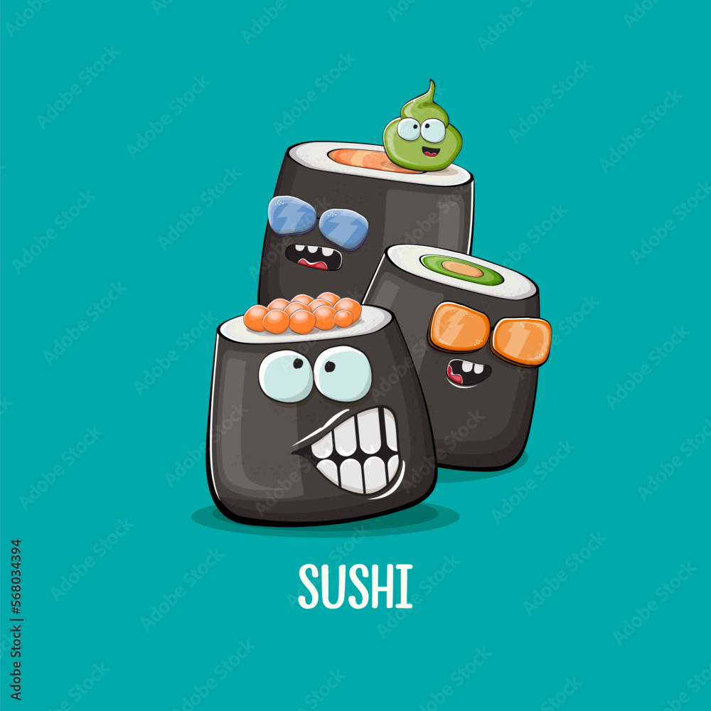 Vintage sushi poster design template with sushi cartoon characters and ...