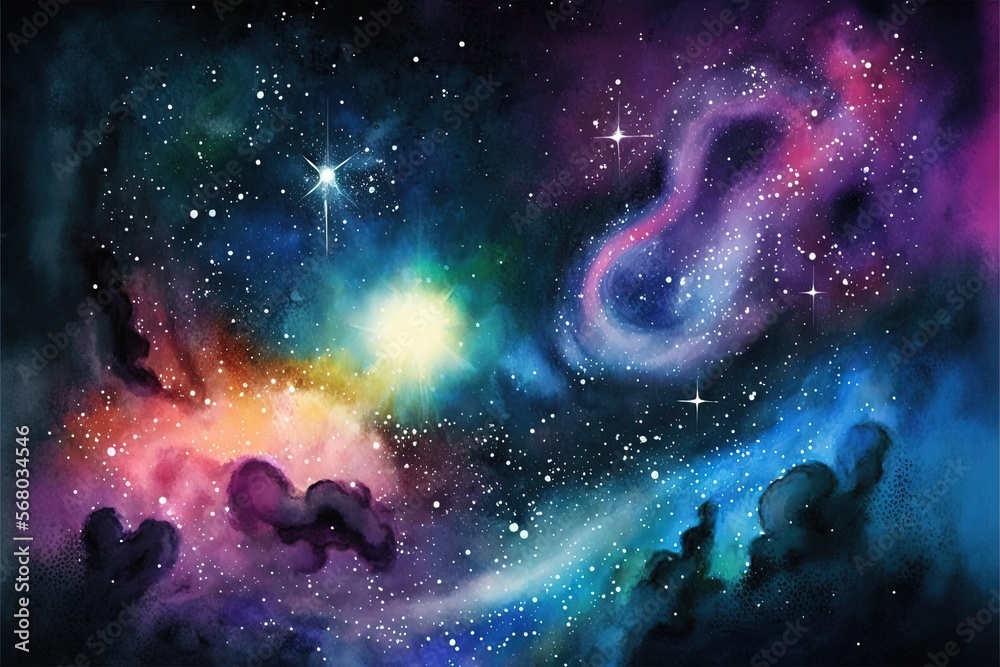a painting of a night sky with stars and a rainbow colored galaxy in ...