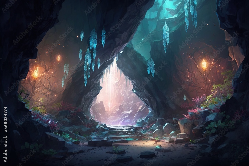 a dark cave with a light at the end of the tunnel and lots of plants ...