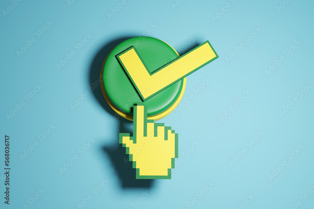 Computer hand shaped mouse cursor clicking a round green button with a tick symbol. Illustration ...