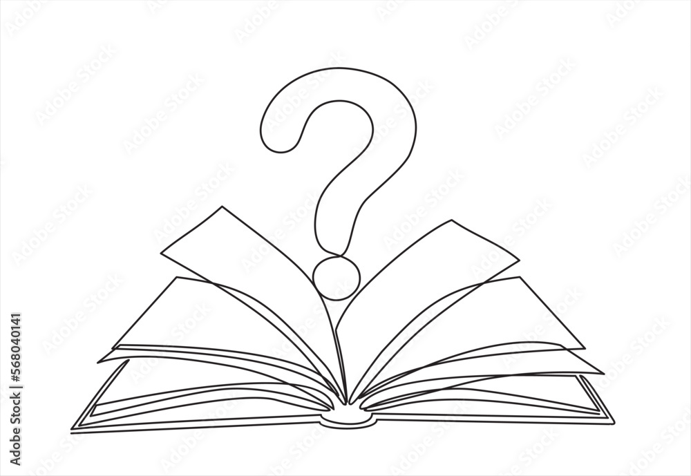 Continuous line vector illustration of book with question mark on white ...