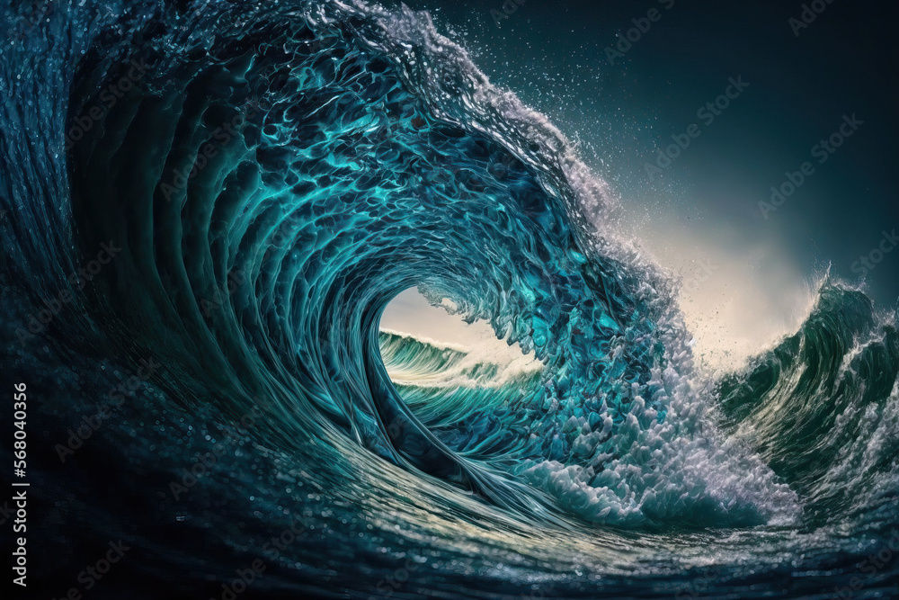 UP CLOSE On a hot summer day, a stunning deep blue tube wave in the ...