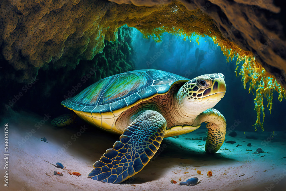 Sea turtles swim subaquatally. turtles of the deep. undersea seascape ...