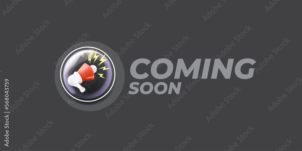 Coming soon horizontal banner with megaphone and button on grey modern ...