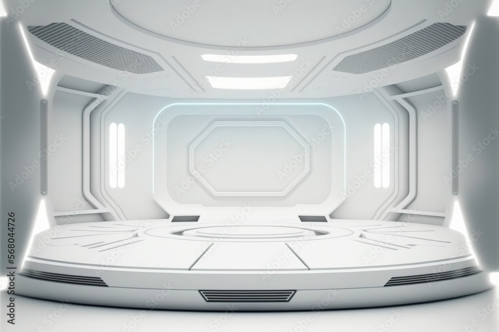 Futuristic stage in a spaceship showroom floor with copy space for ...