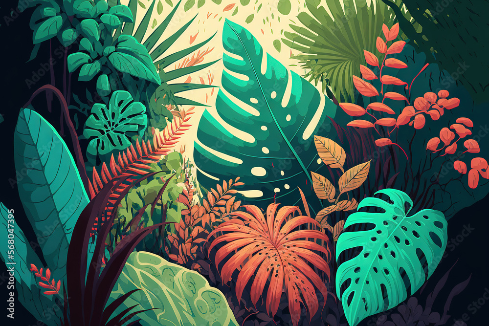 cartoon style tropical foliage cartoon style drawings. Generative AI ...