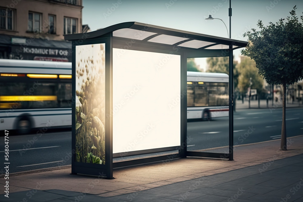 Vertical blank white billboard at bus stop on city street. In the ...