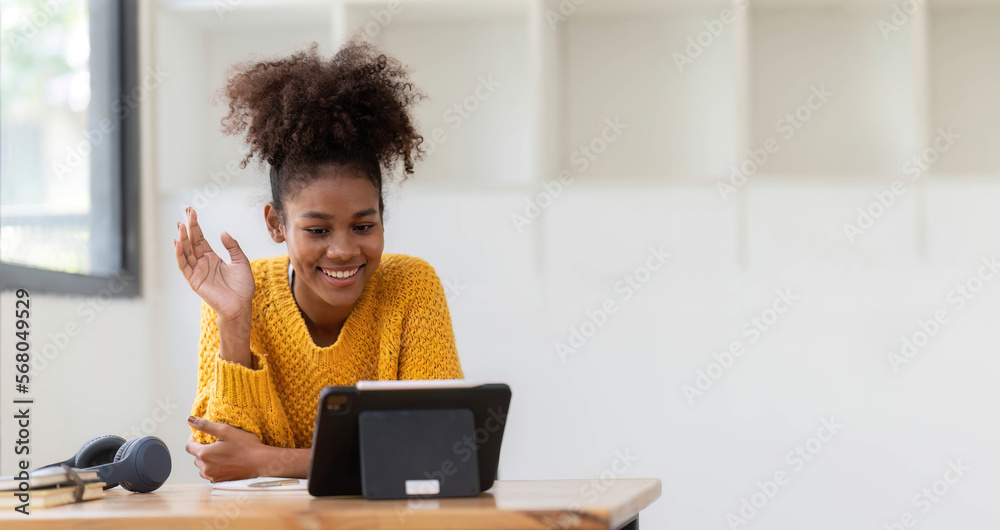 Black girl student online learning class study online video call ...