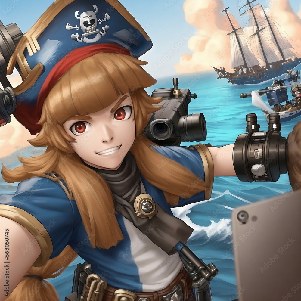 cheerful, mischievous pirate girl, wearing a hat, taking a selfie on a ...