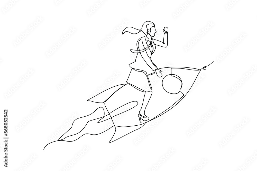 Continuous single one line drawing art of business woman riding flying ...