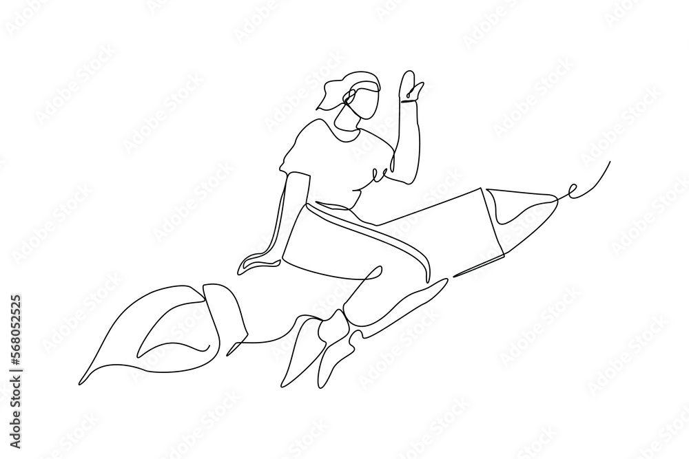 Continuous single one line drawing art of business woman riding flying ...