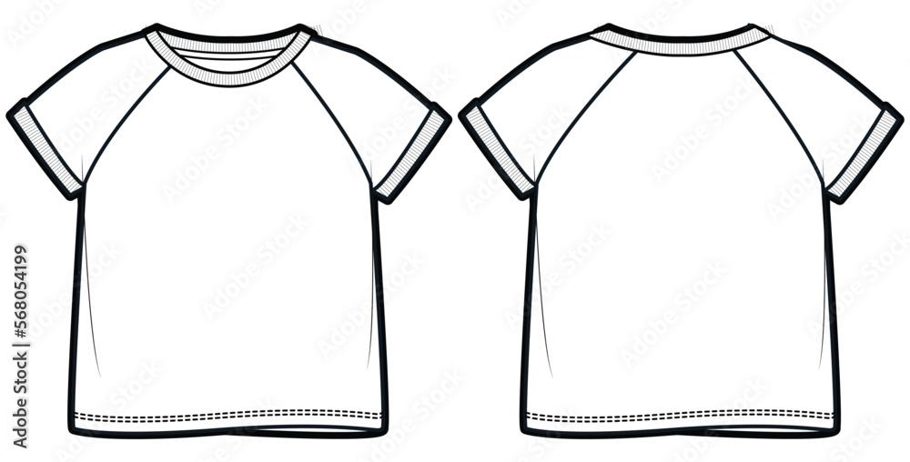 Baby girl and boy raglan sleeve Crew neck T Shirt flat sketch fashion ...