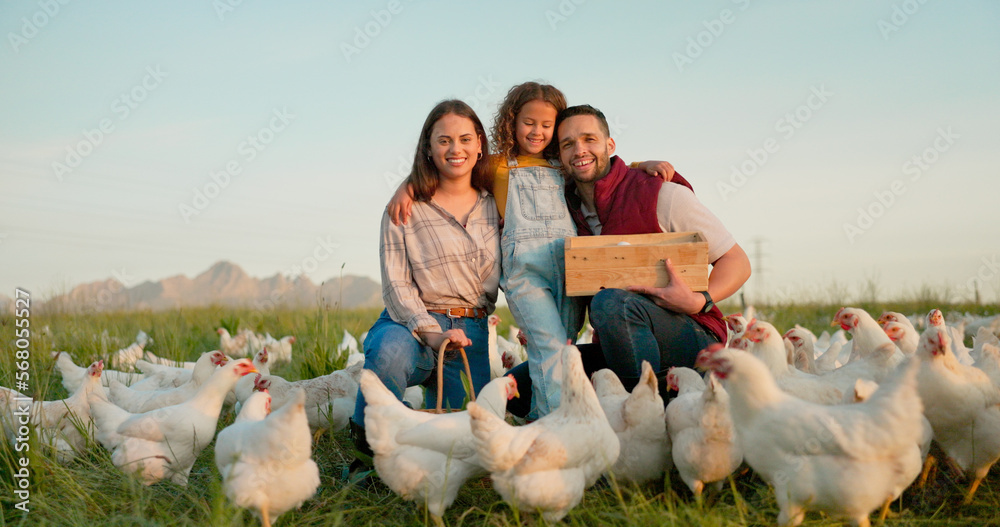 Farm, chicken and portrait of family with livestock in agriculture ...