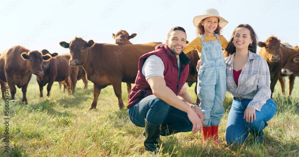 Farm, portrait and family bonding in nature, looking at animals and ...