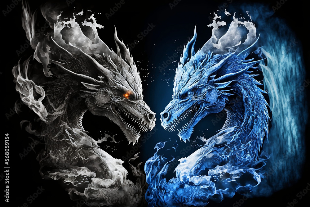Black & Blue Dragons in a Generative AI Dragonfire Battle Stock ...