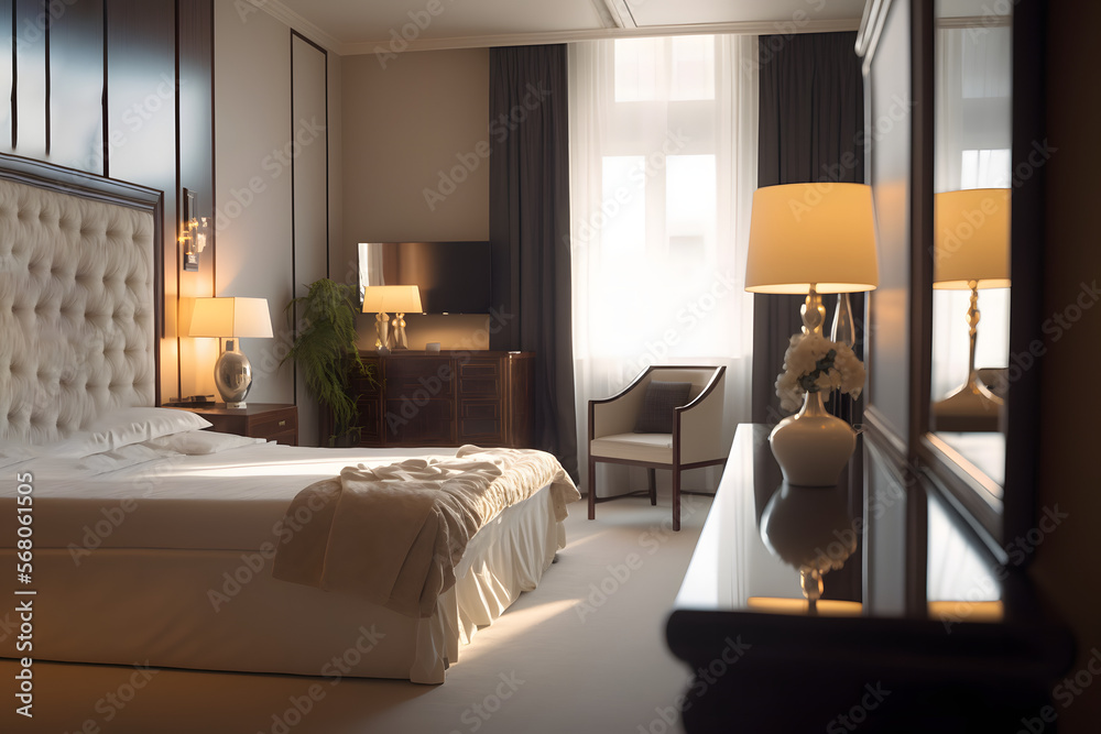 hotel room in morning with background blurred happy backpacker ...