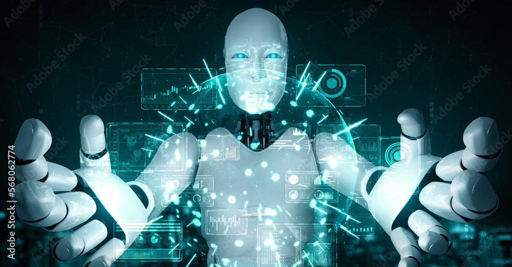 AI hominoid robot holding virtual hologram screen showing concept of ...