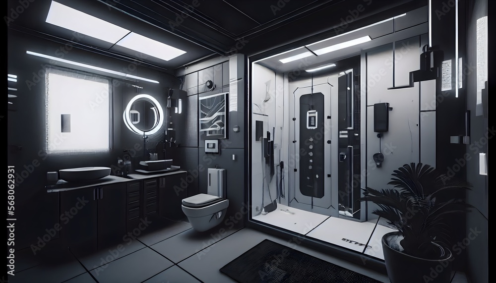 Typical Cyberpunk Settings Cyberpunk-themed bathroom with a shower ...