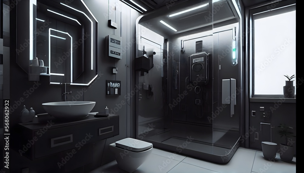 Typical Cyberpunk Settings Cyberpunk-themed bathroom with a shower ...