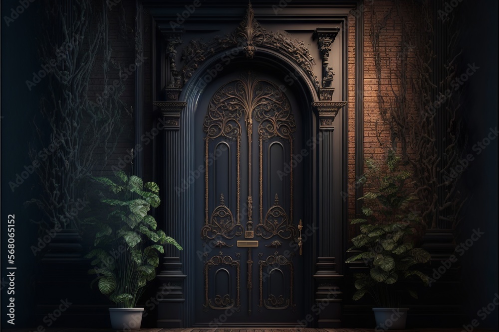 Gothic style doorway with arch and ebony door entrance with art deco ...