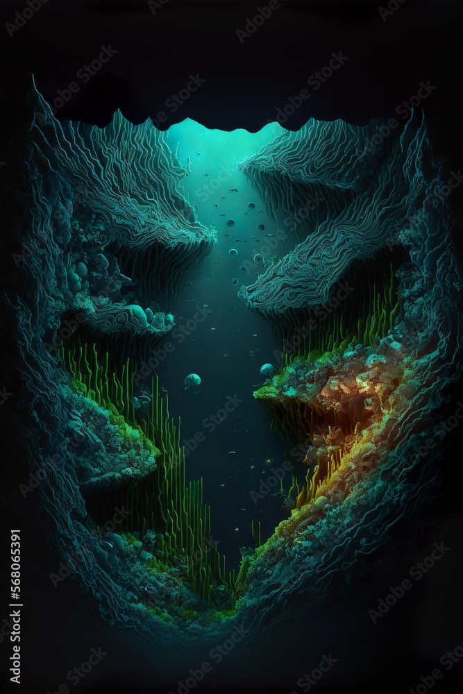 Deep sea underwater fantasy landscape coral reef illustration with ...