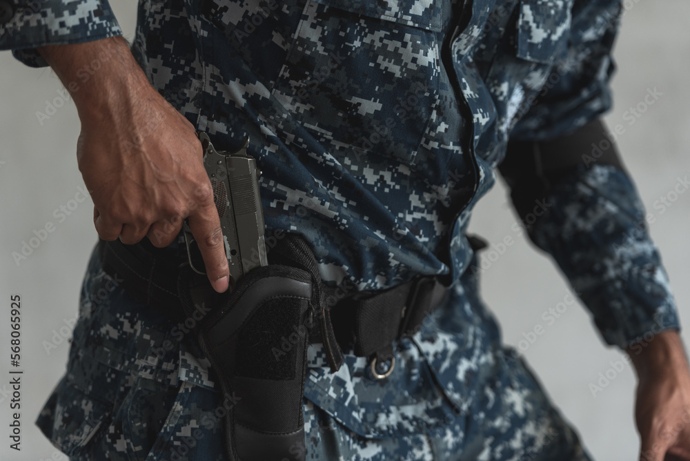 Police cop constable holding Pistol Is preparing to shoot bandit ...