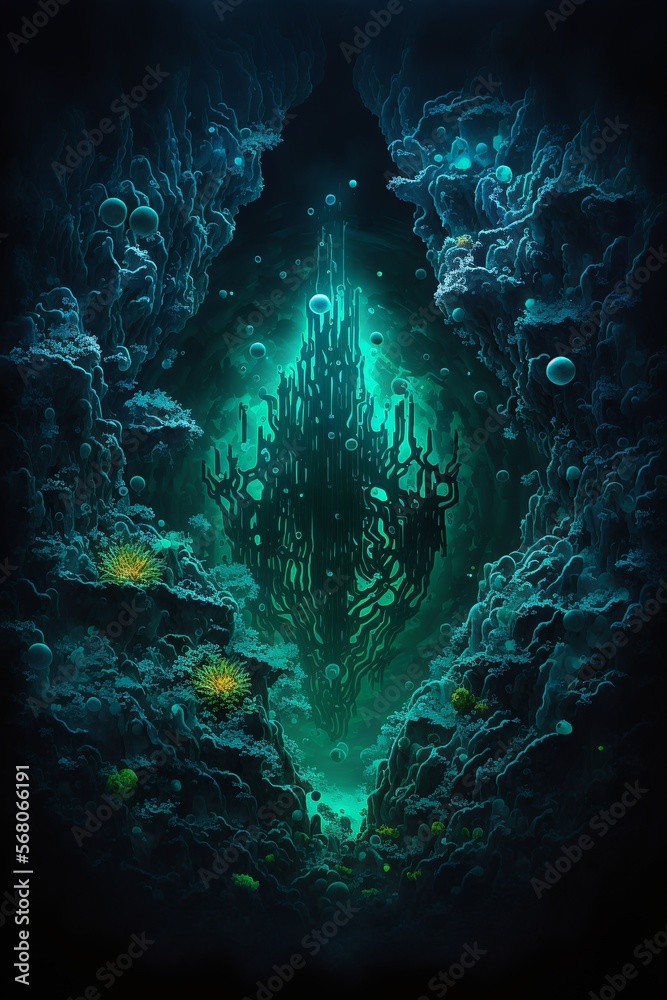 Deep sea underwater fantasy landscape coral reef illustration with ...