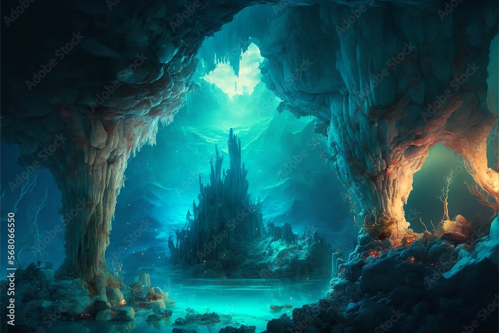 Deep blue frozen crystal cave system under the sea with ice pillars ...
