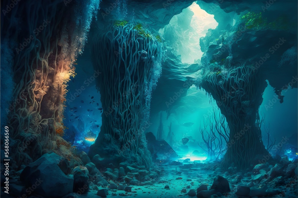 Deep blue frozen crystal cave system under the sea with ice pillars ...