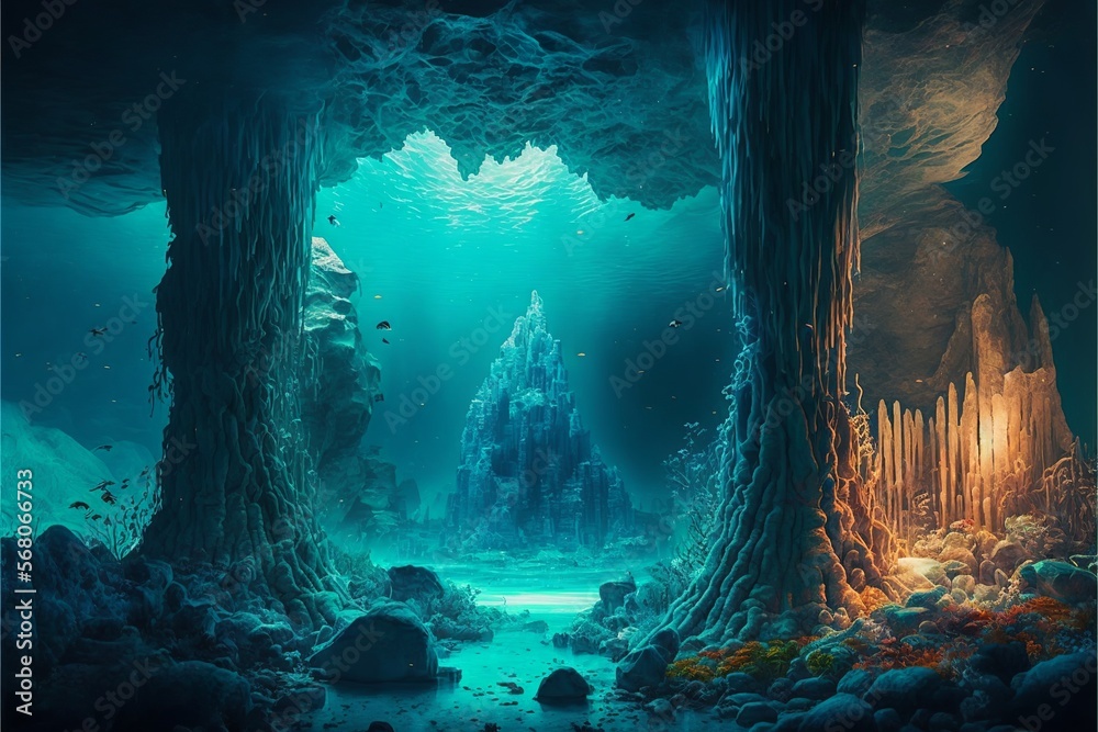 Deep blue frozen crystal cave system under the sea with ice pillars ...
