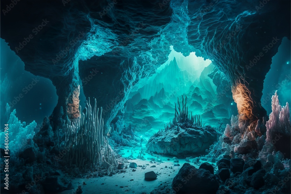 Deep blue frozen crystal cave system under the sea with ice pillars ...