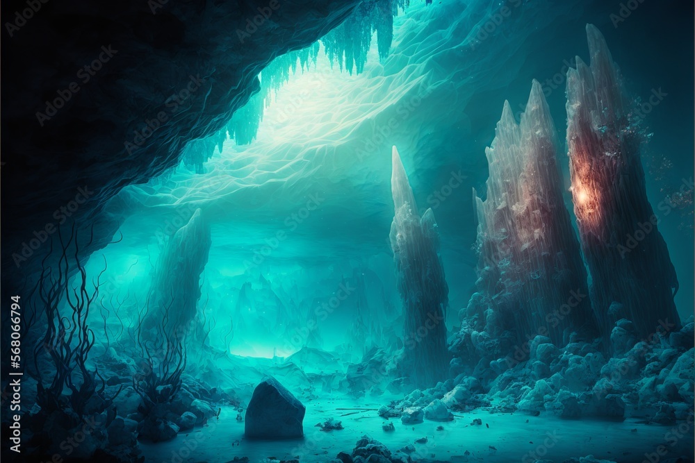 Deep blue frozen crystal cave system under the sea with ice pillars ...