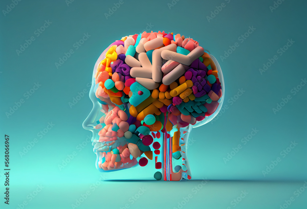 Stockillustratie Pills and medicine drugs inside a human head ...