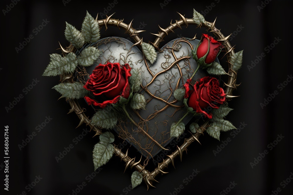 Dark love heart made of roses and thorns fantasy illustration design ...