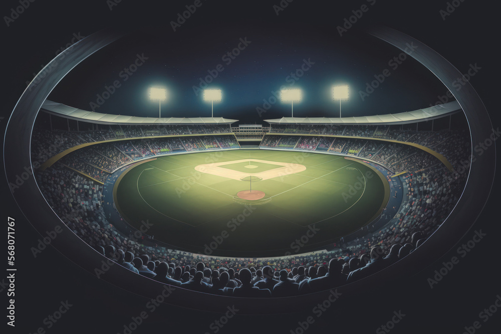 Upper front view of an illuminated round cricket stadium filled with ...