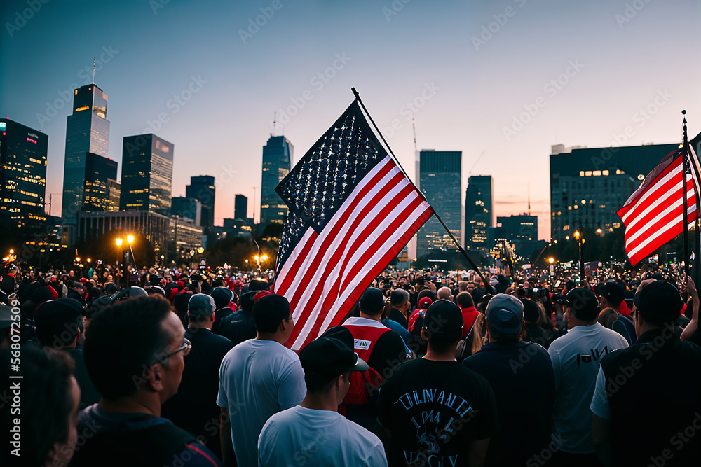 People crowded into the street in the USA and hold american flags ...