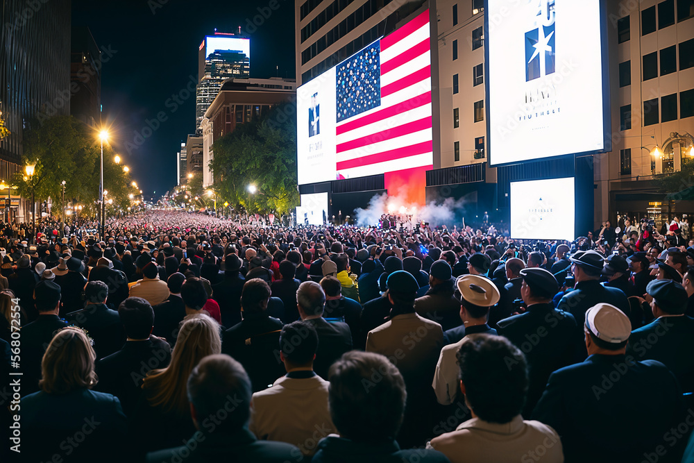 People crowded into the street in the USA and hold american flags ...