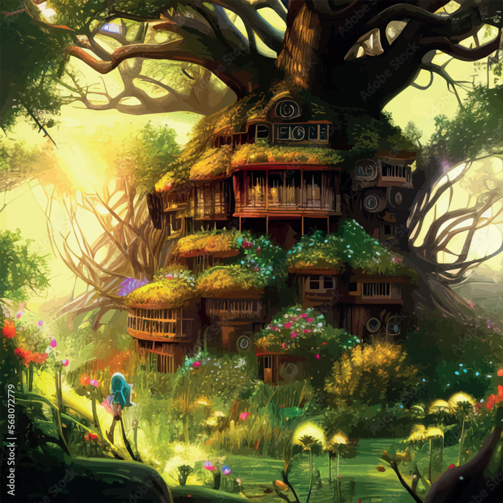 Vetor de Fairy-tale house in a tree with a roof intertwined. Square ...