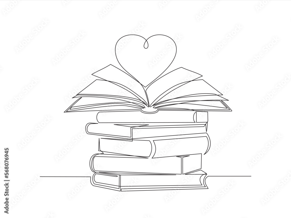 Books stack, Open book and heart, continuous line vector illustration ...