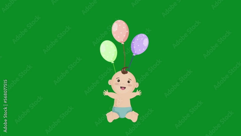 Balloons are tied behind the cartoon baby on a green background ...