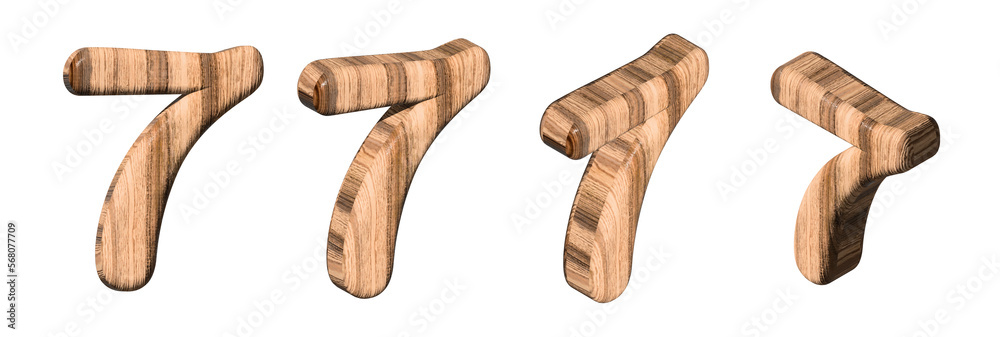 Set of wooden numbers 7 from different angles on a white background. 3d ...