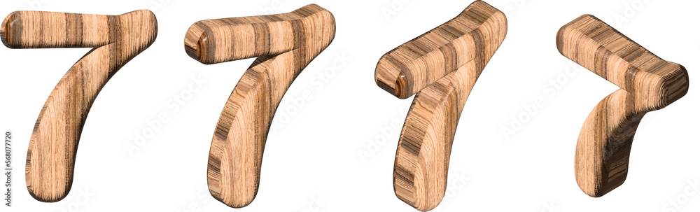 Set of wooden numbers 7 from different angles on a white background. 3d ...