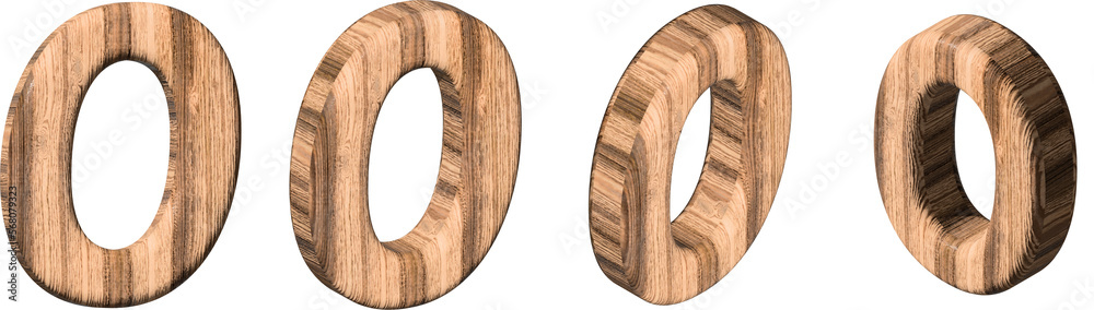 Set of wooden numbers 0 from different angles on a white background. 3d ...