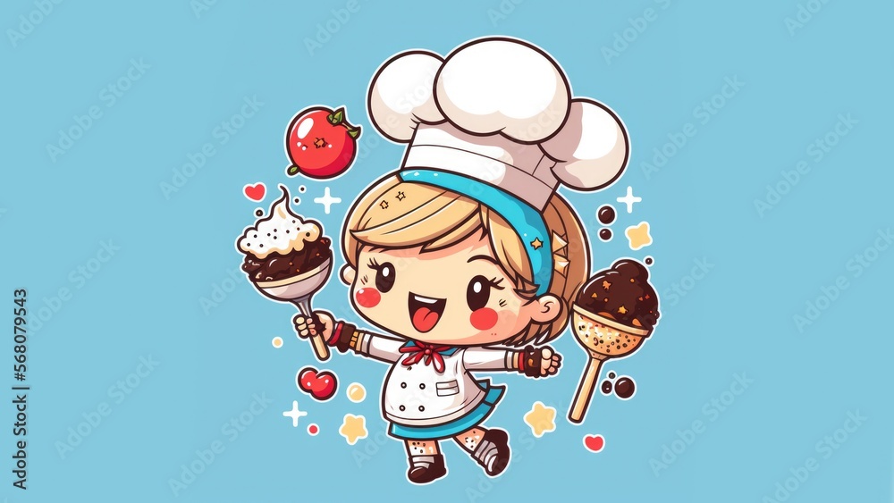 Cute chibi chef girl picture. Cartoon happy drawn characters Stock ...