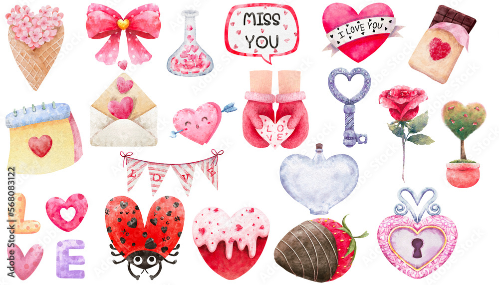 Valentine’s Day watercolor illustration clipart isolated. set of Red ...