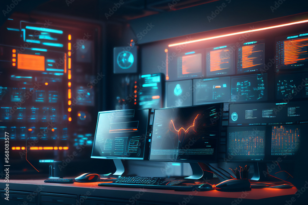 Computer desk and screens in an office workspace for CCTV surveillance ...