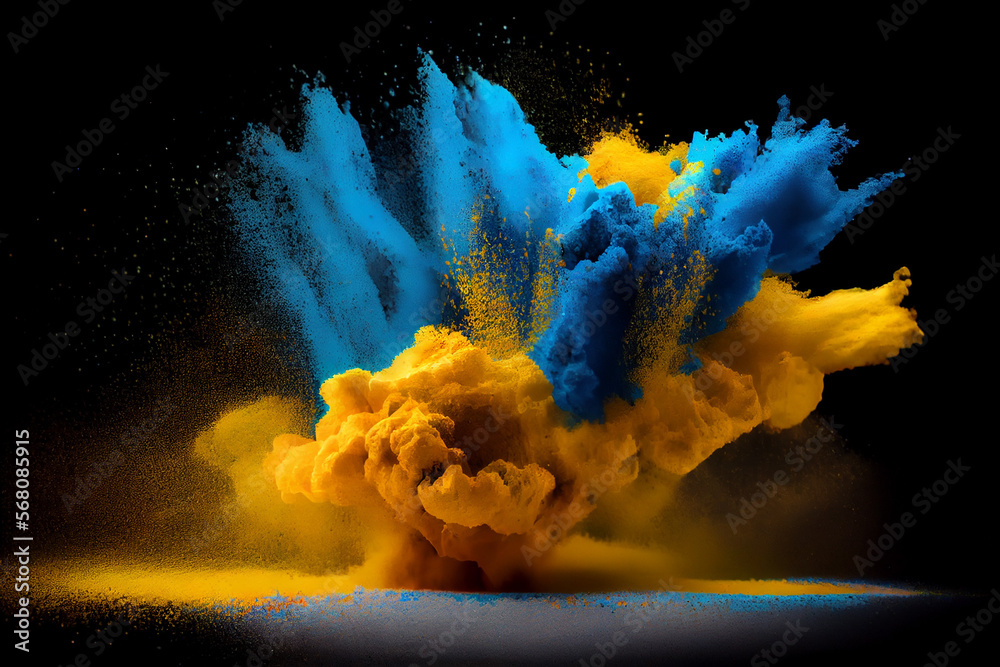 Blue and yellow powder explosion. Created with Generative AI technology ...