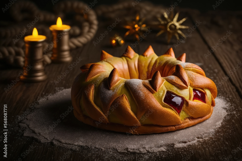 Spanish Three Kings Cake, Rosca de Reyes, served on a dark wood table ...