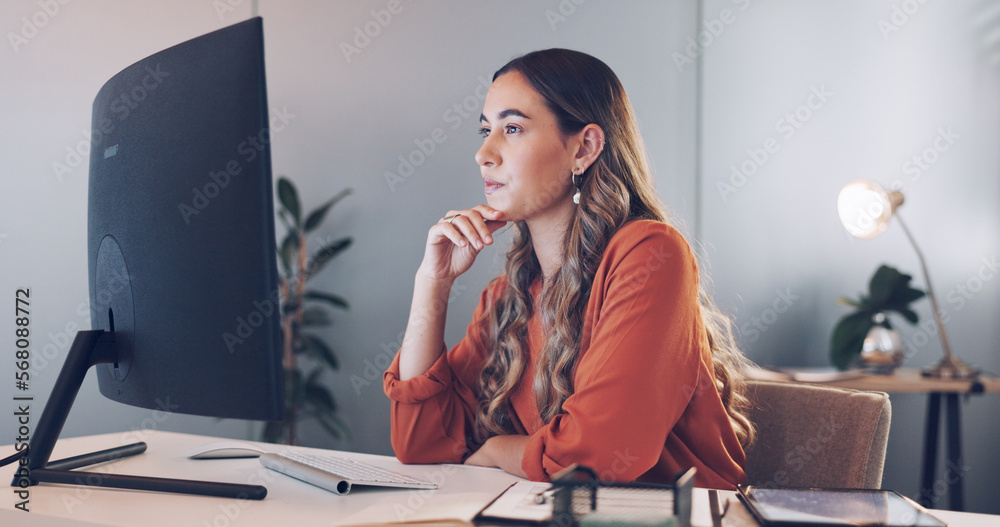 Business woman, thinking and focus with computer and working, reading ...