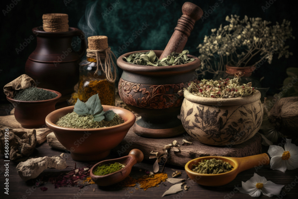 On the table are a mortar, bowls, and jars of dry medical herbs ...